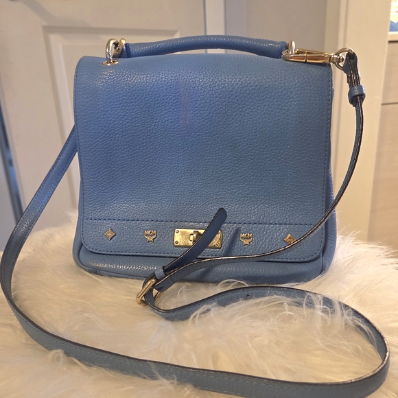 MCM | Bags | Mcm Light Blue Leather Satchelcrossbody Bag | Poshmark